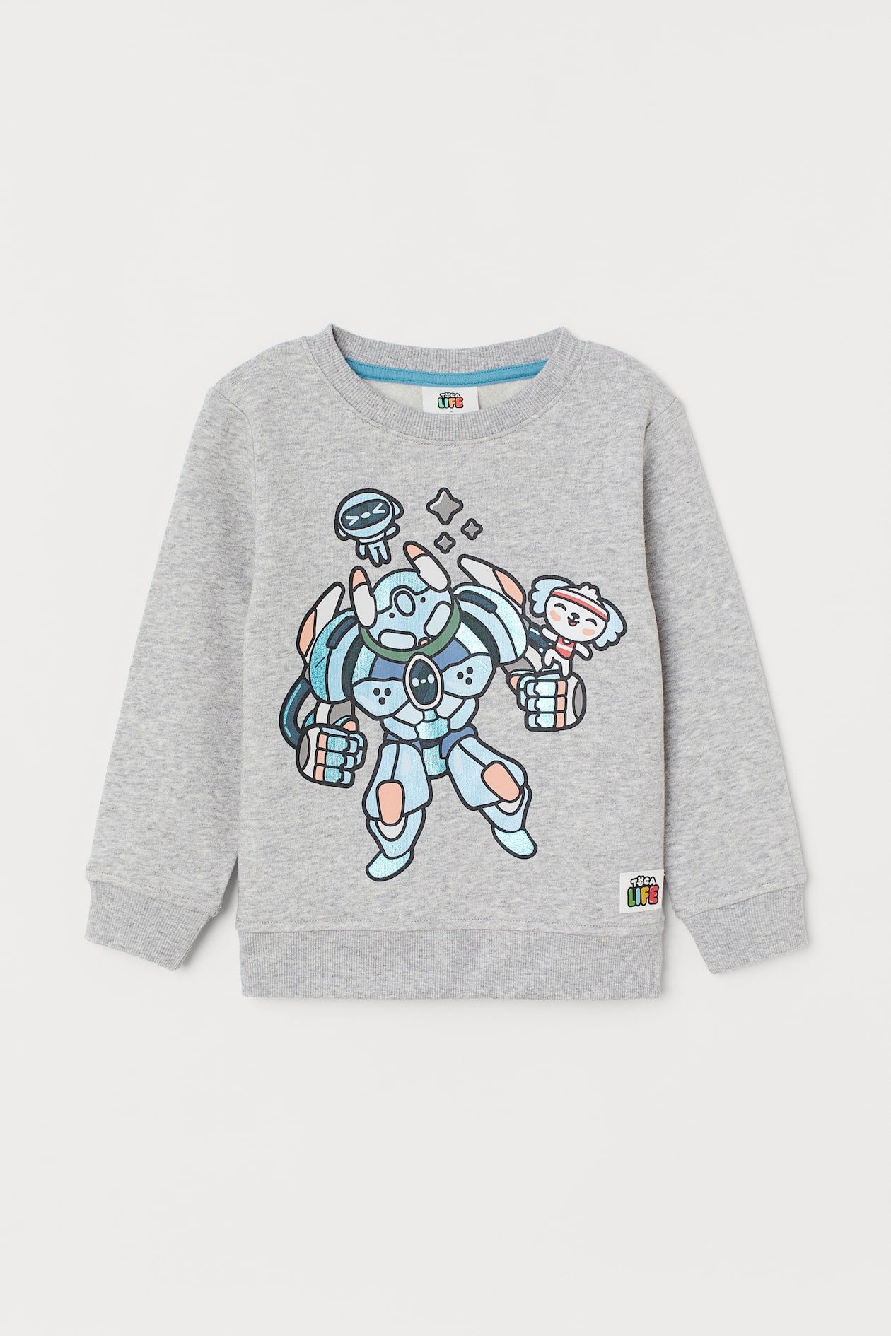 Sweatshirt with Motif - Crew-neck - Long sleeve - Light gray melange ...