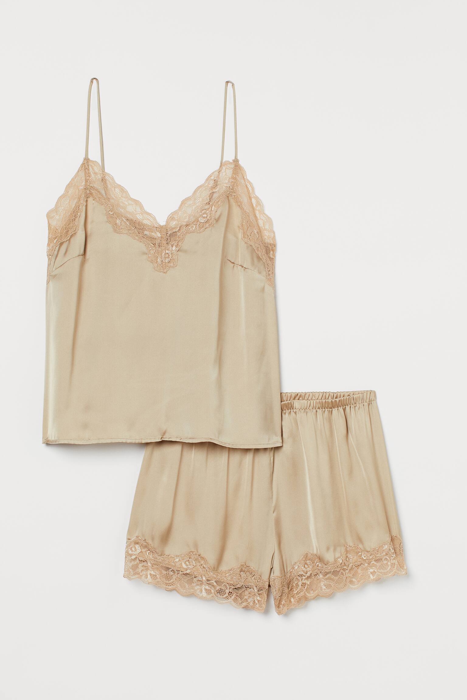Pyjamas med linne och shorts - V-ringning - Ärmlös - Beige - DAM | H&M SE