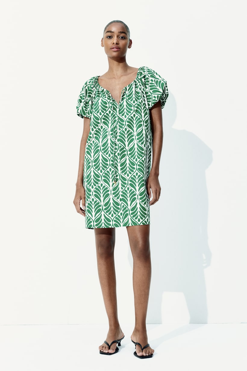 Drawstring-Neck Dress - White/green patterned - Ladies | H&M US