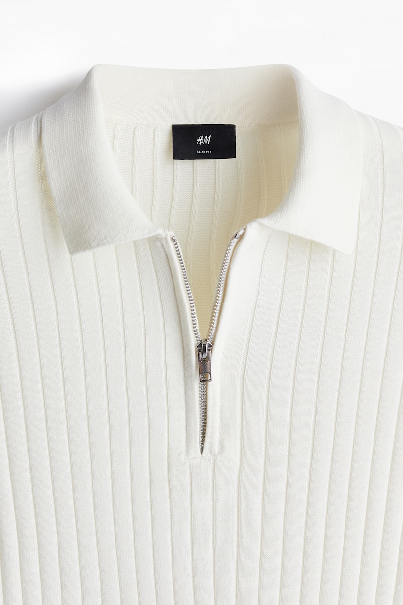 Slim-Fit Rib-Knit Polo Shirt - Cream - Men | H&M US