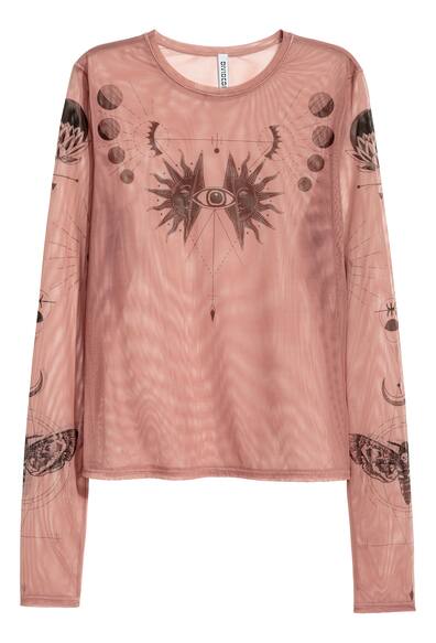 Mesh top with a motif - Long sleeve - Vintage pink - Ladies | H&M GB
