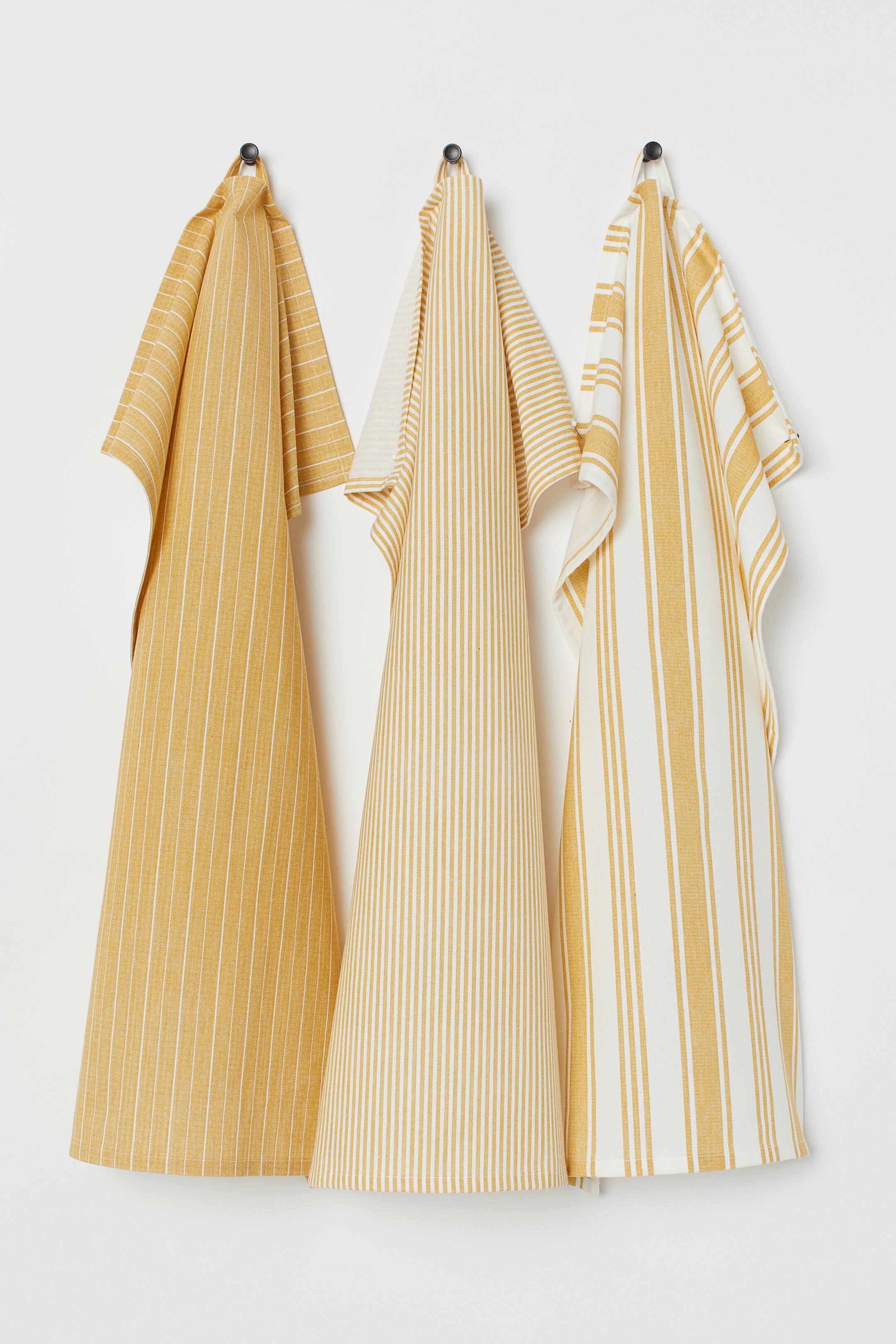 3-pack cotton tea towels - Dark yellow/Striped - Home All | H&M GB