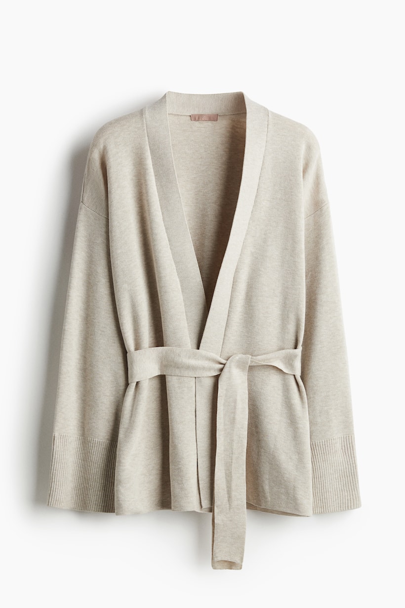 Women's Light beige melange Knit Tie-Belt Cardigan | H&M US