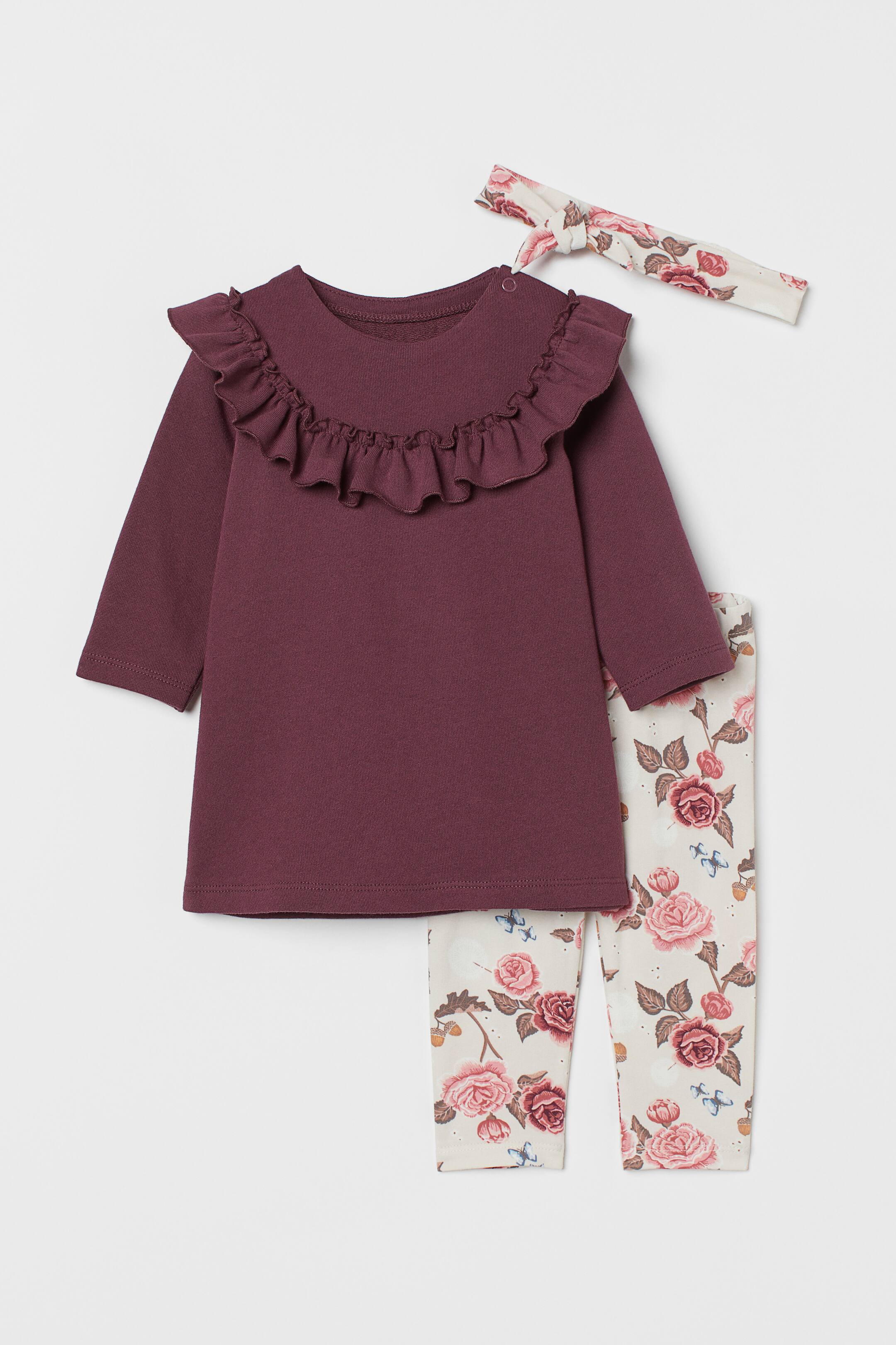 3-piece set - Plum purple/Roses - Kids | H&M GB