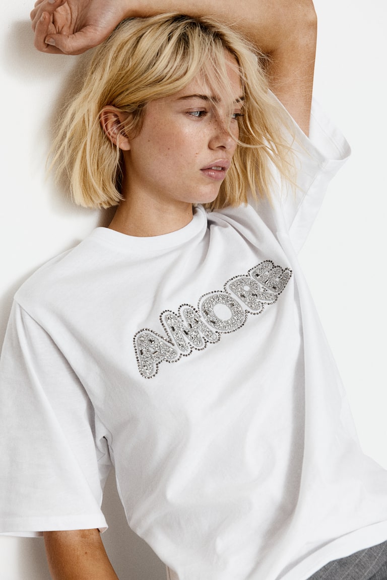 T-Shirt with Motif - White/Amore - Ladies | H&M US