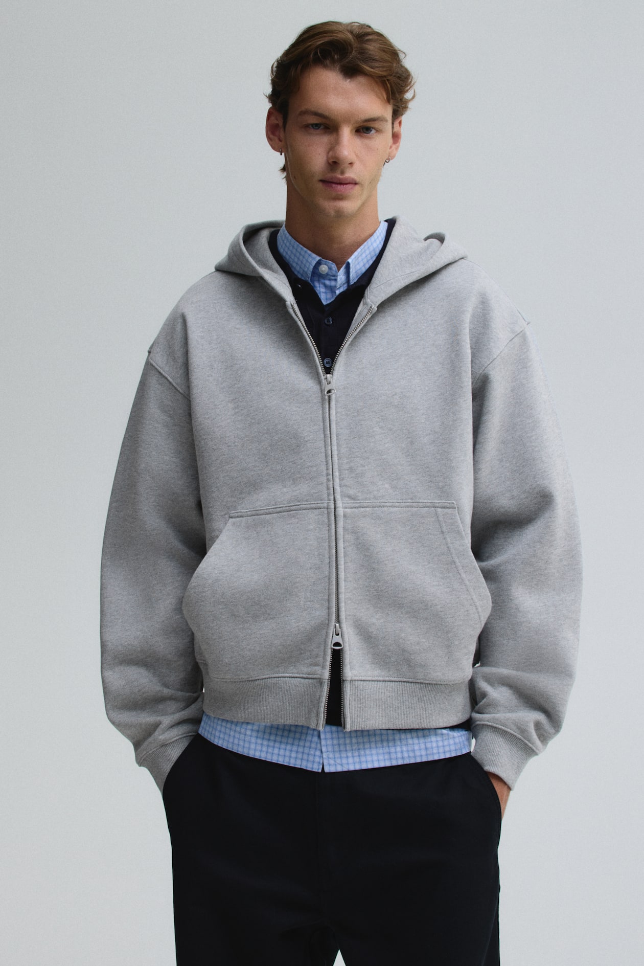 Men’s Grey marl Loose Fit Boxy-style zip-through hoodie | H&M GB