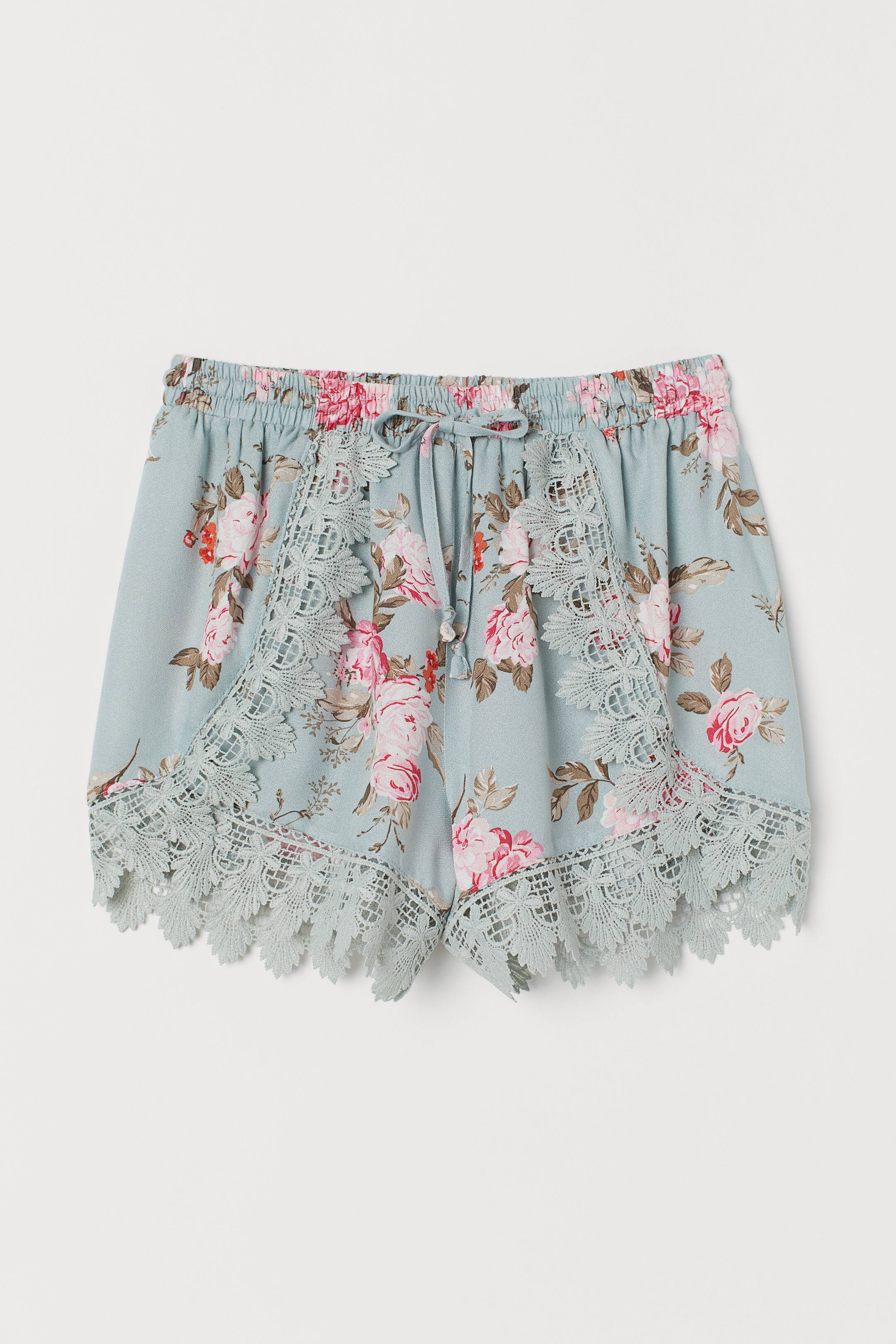 Lace-trimmed shorts - Light turquoise/Floral - Ladies | H&M GB