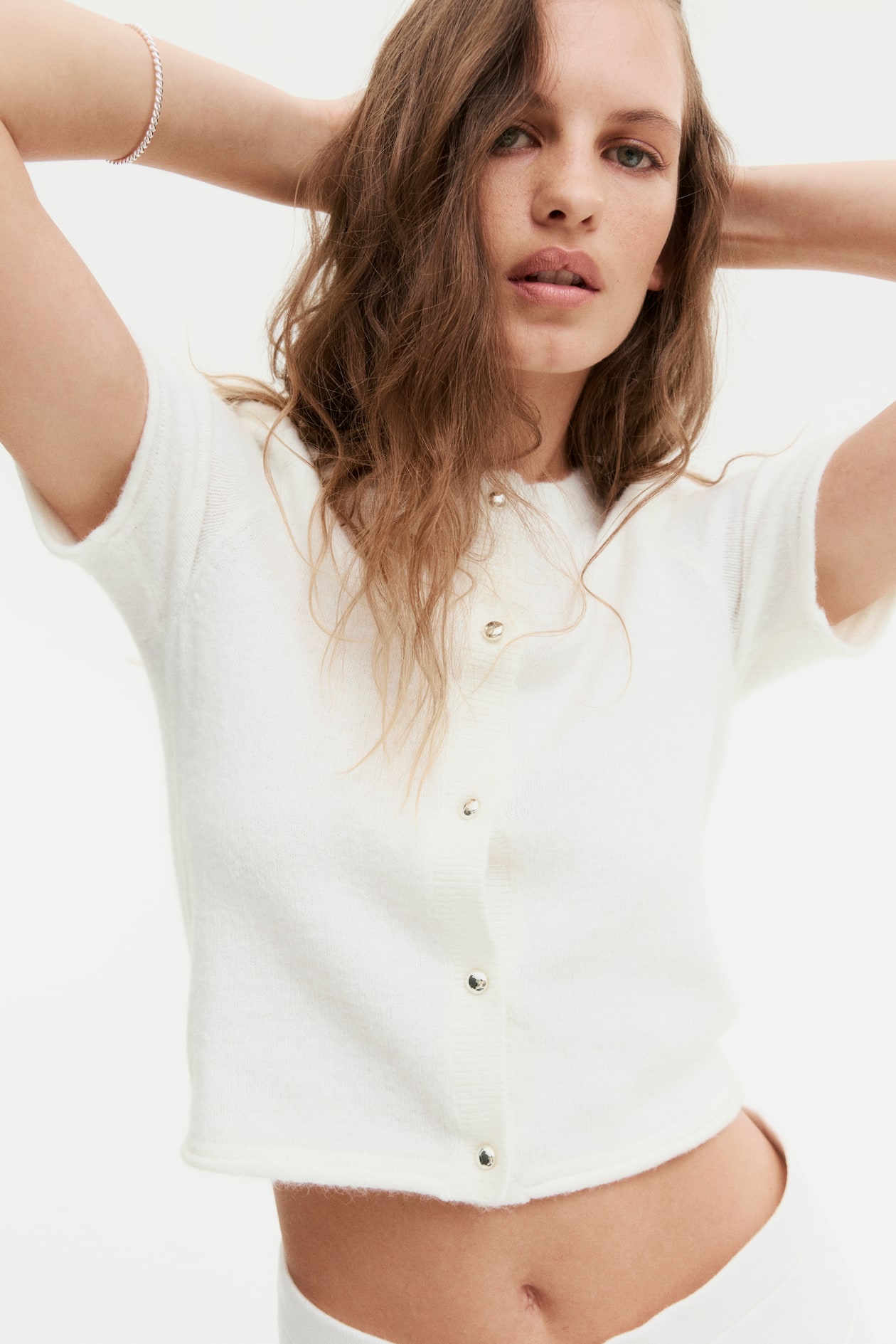 Women's Cream Short-Sleeved Fine-Knit Cardigan | H&M US