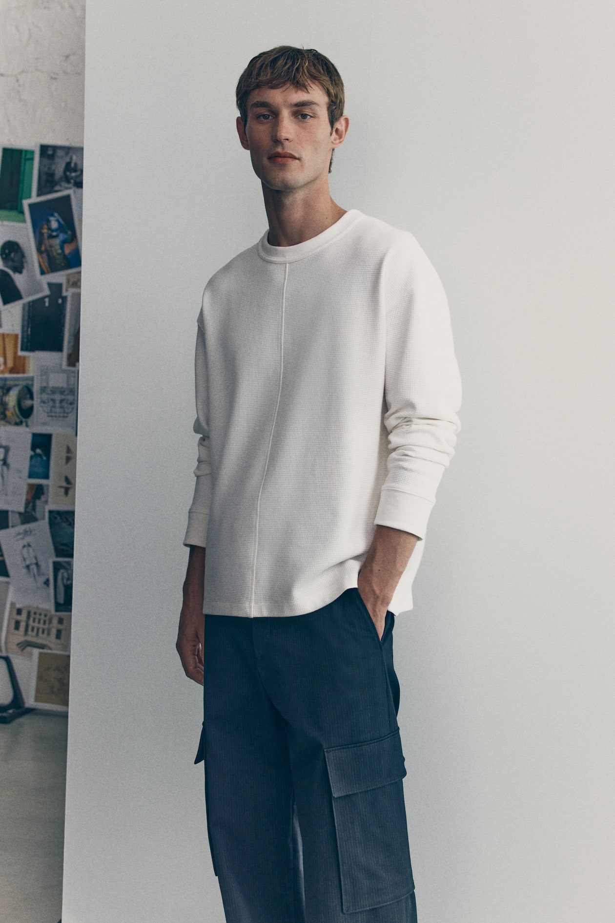 Gewafeld shirt met lange mouwen - Wit - HEREN | H&M NL
