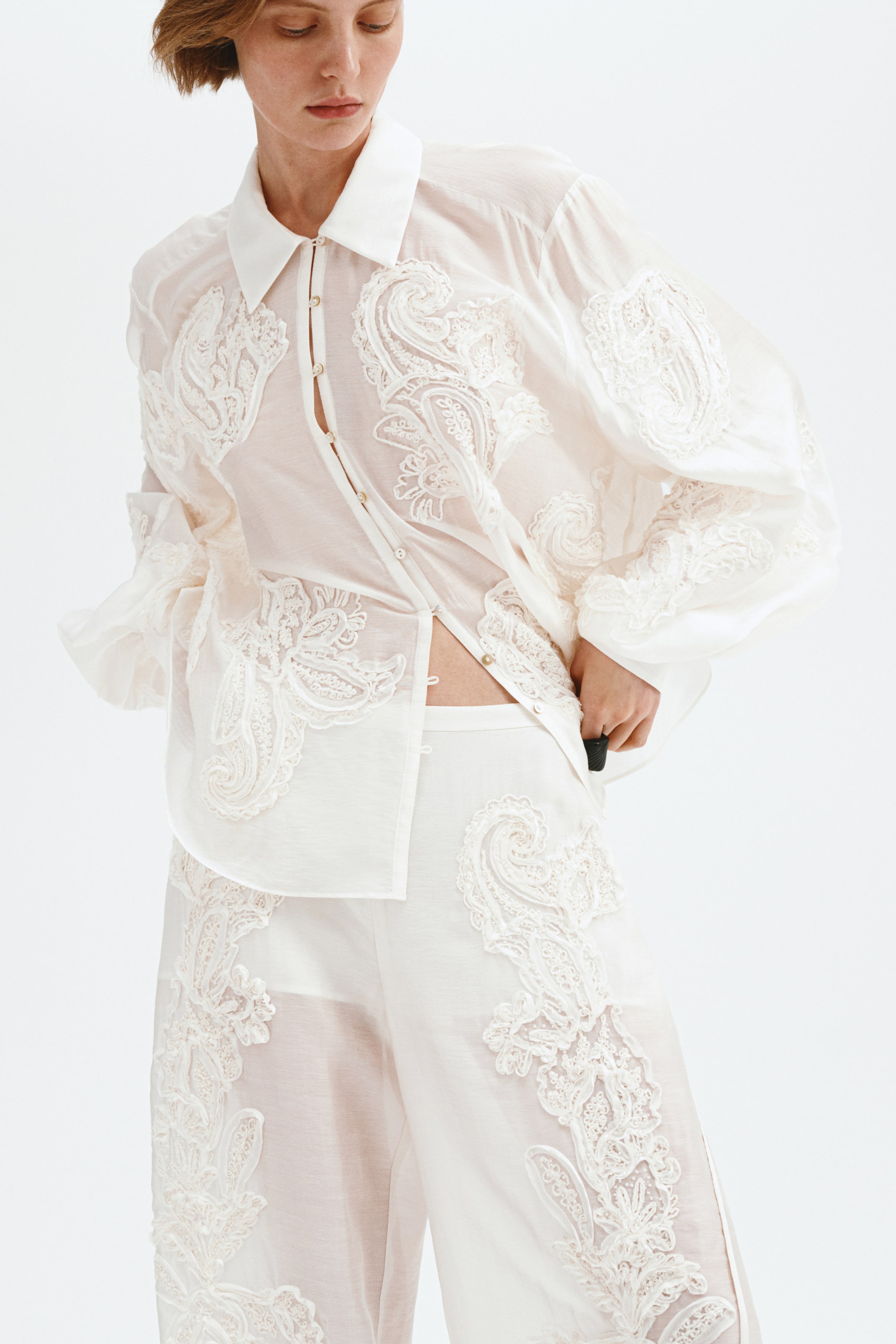 Women's White Appliquéd Barrel-Leg Pants | H&M CA