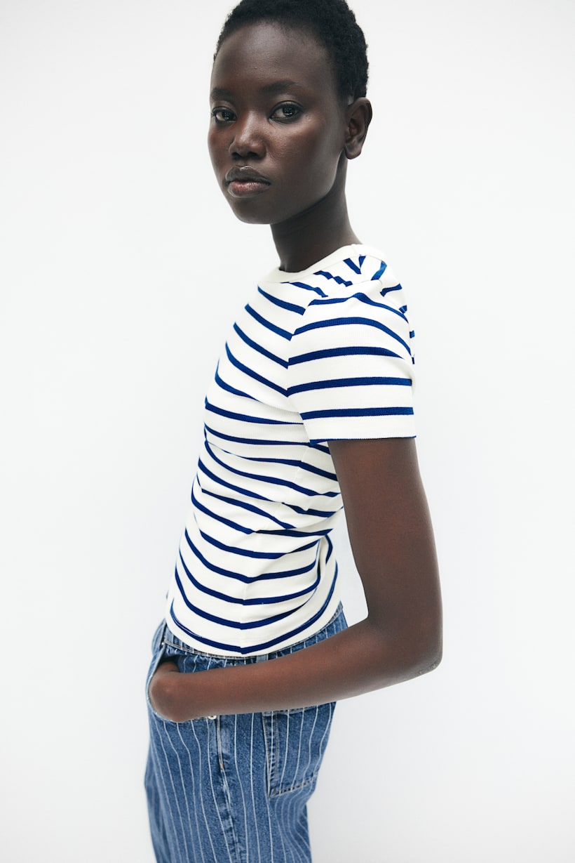 Ribbed T-Shirt - Cream/bright blue striped - Ladies | H&M US