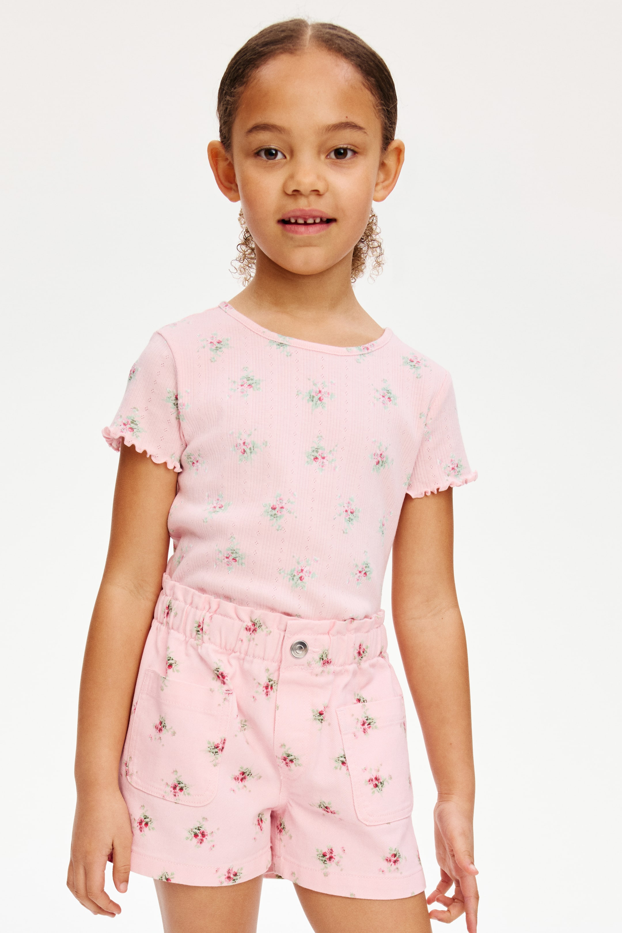 T-shirt van pointelletricot met een dessin - Lichtroze/bloemen ...