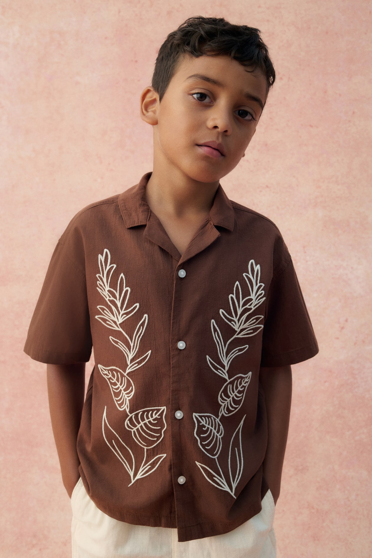Brown/Floral Embroidery-motif cotton resort shirt for kids | H&M IN