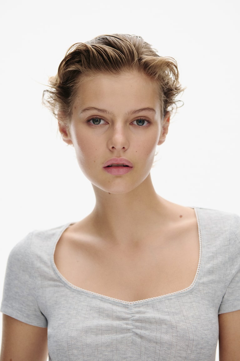 Picot-trimmed T-shirt - Light grey marl - Ladies | H&M GB