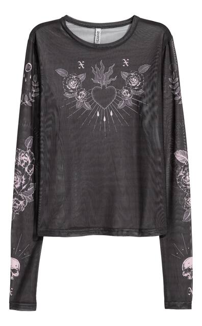 Mesh top with a motif - Long sleeve - Dark grey/Floral - Ladies | H&M GB