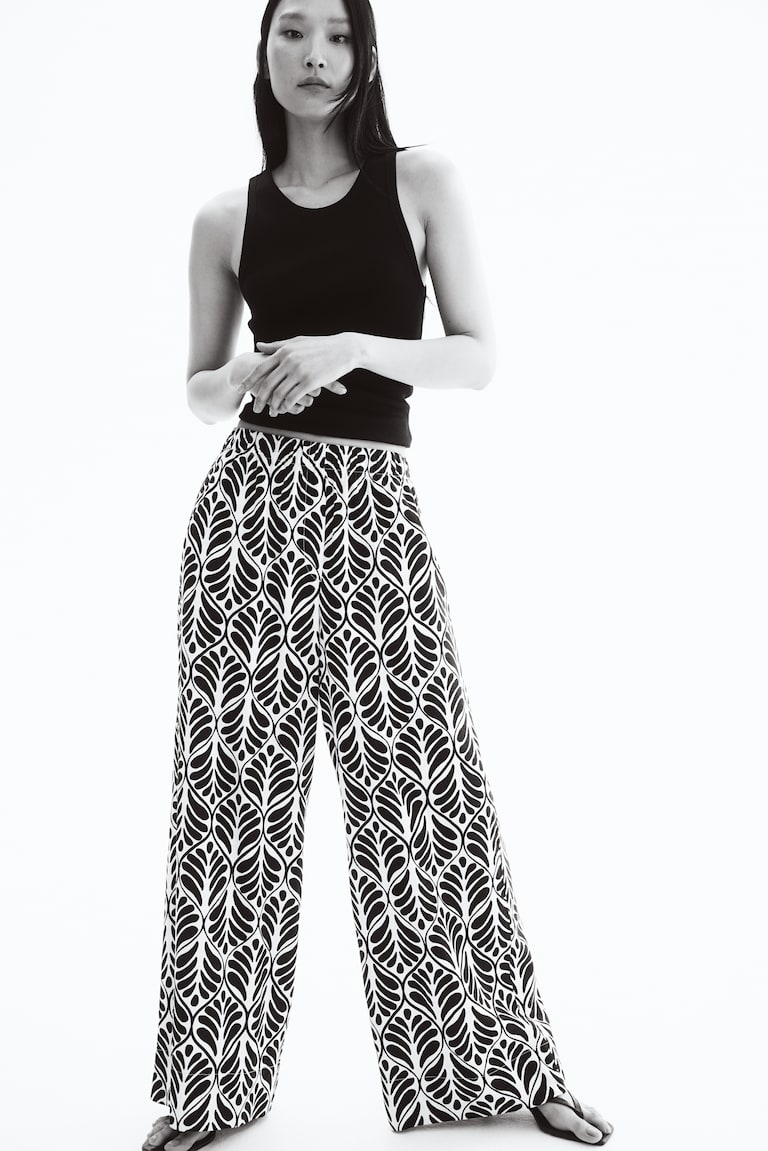 Women's White/black patterned Wide-Leg Linen-Blend Pants | H&M CA