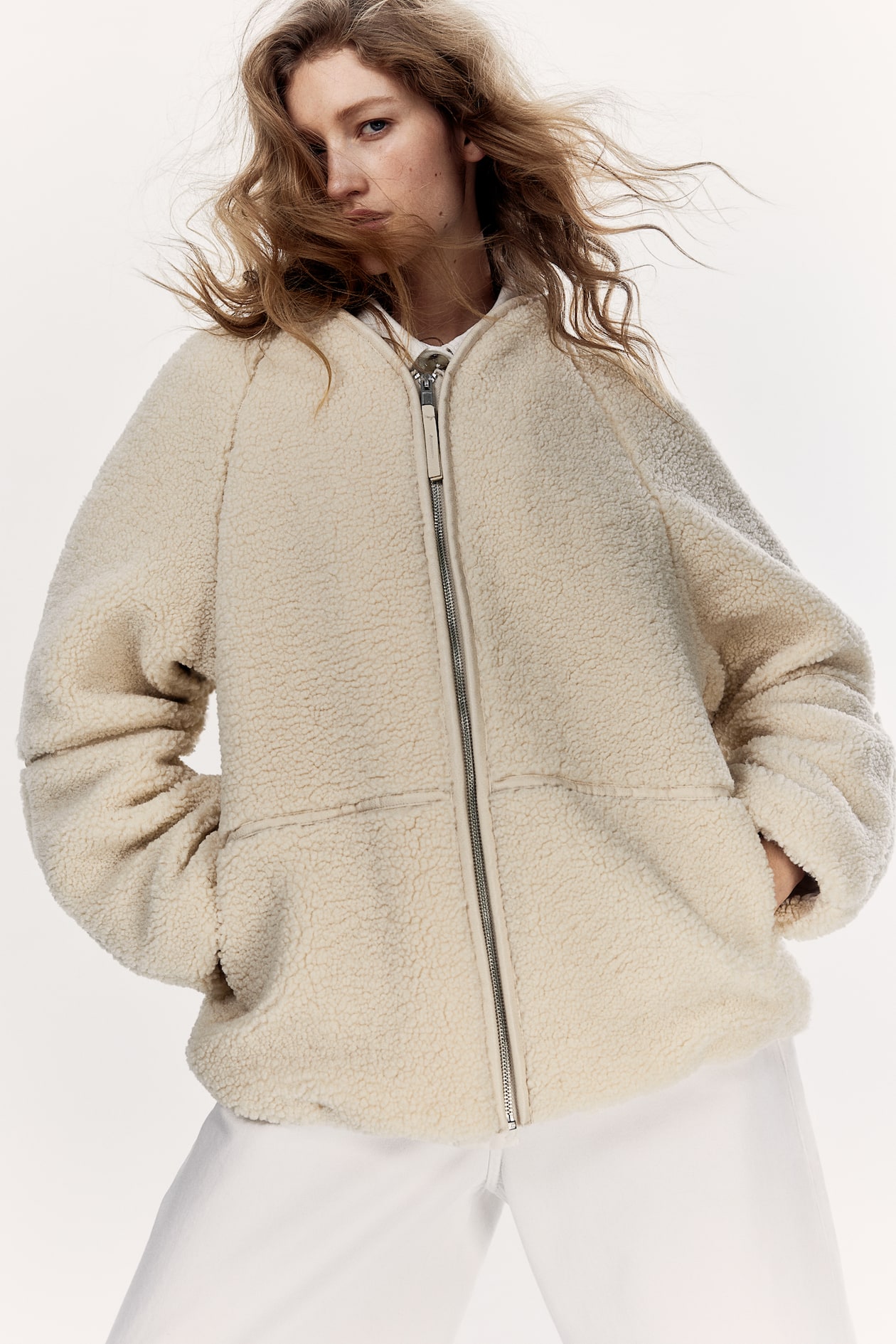 Women's Light beige Teddy Fleece Jacket - Loose fit - Regular length ...