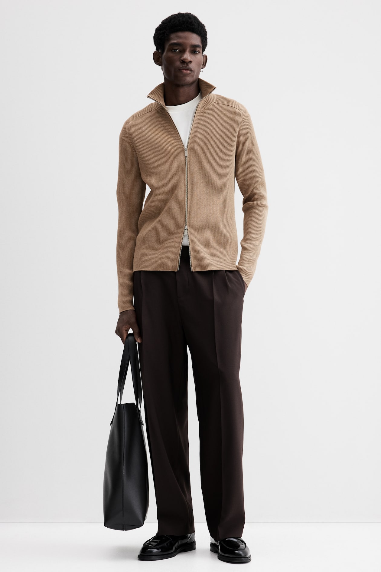 Casaco de malha com fecho éclair Slim Fit - Bege escuro - HOMEM | H&M PT