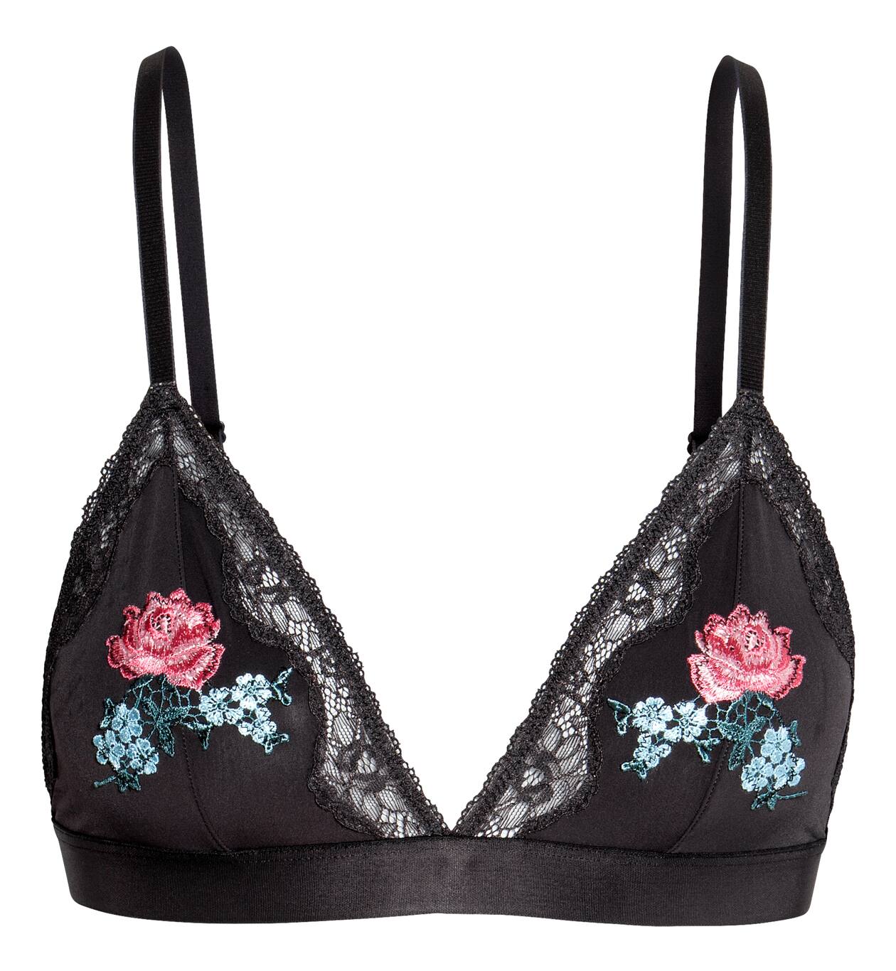 Soft embroidered triangle bra - Dark grey - Ladies | H&M GB