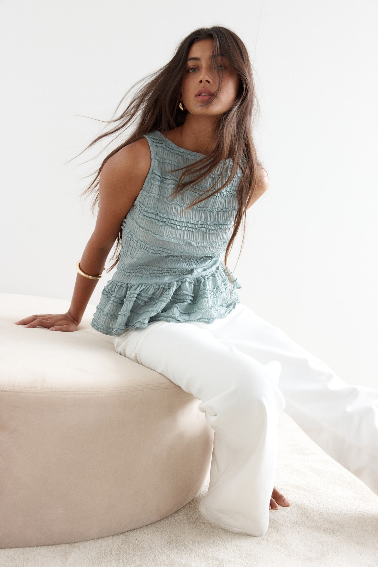 Frill-trimmed peplum top - Dusty turquoise - Ladies | H&M GB