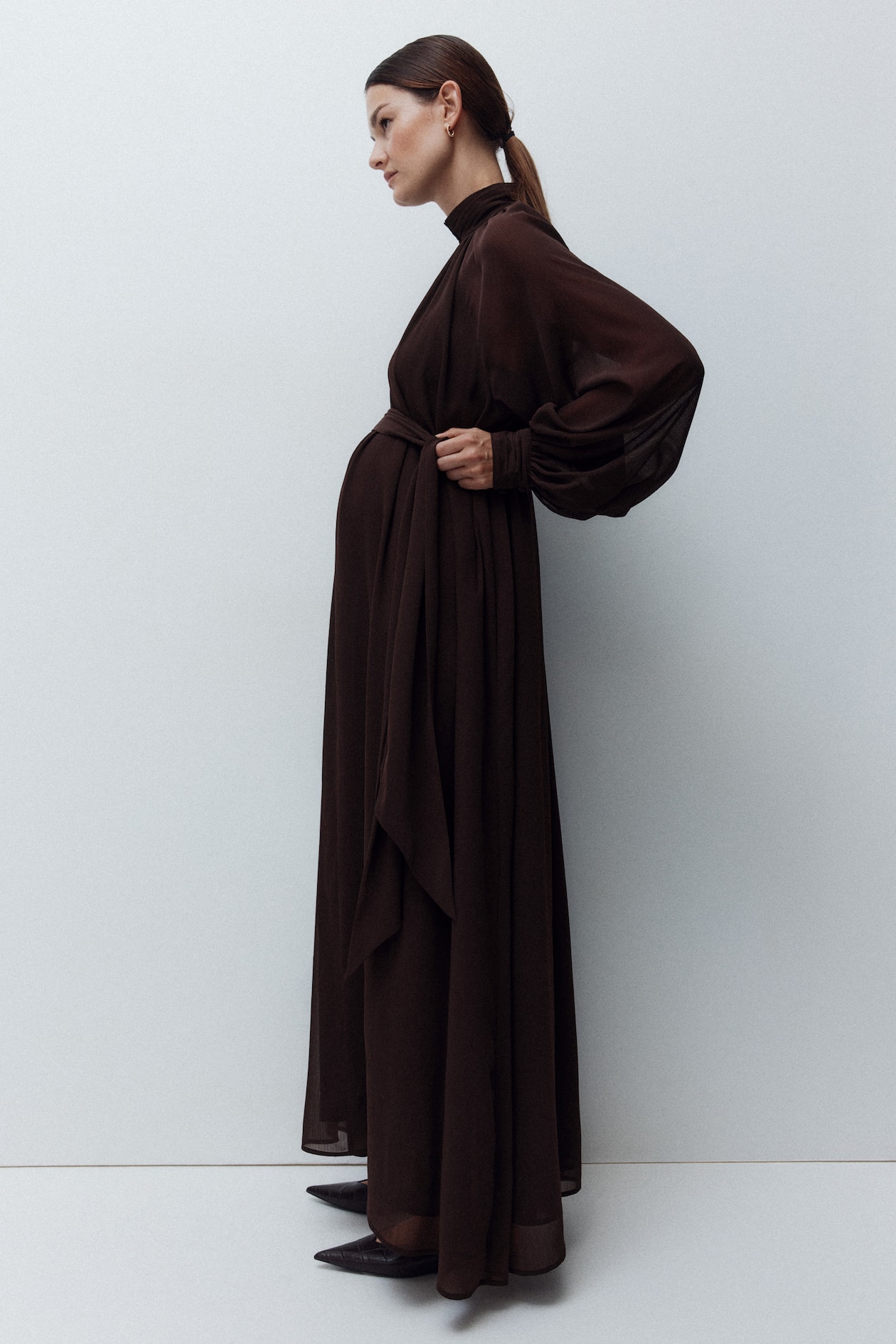 Women's Dark brown MAMA Long-Sleeved Chiffon Dress | H&M CA