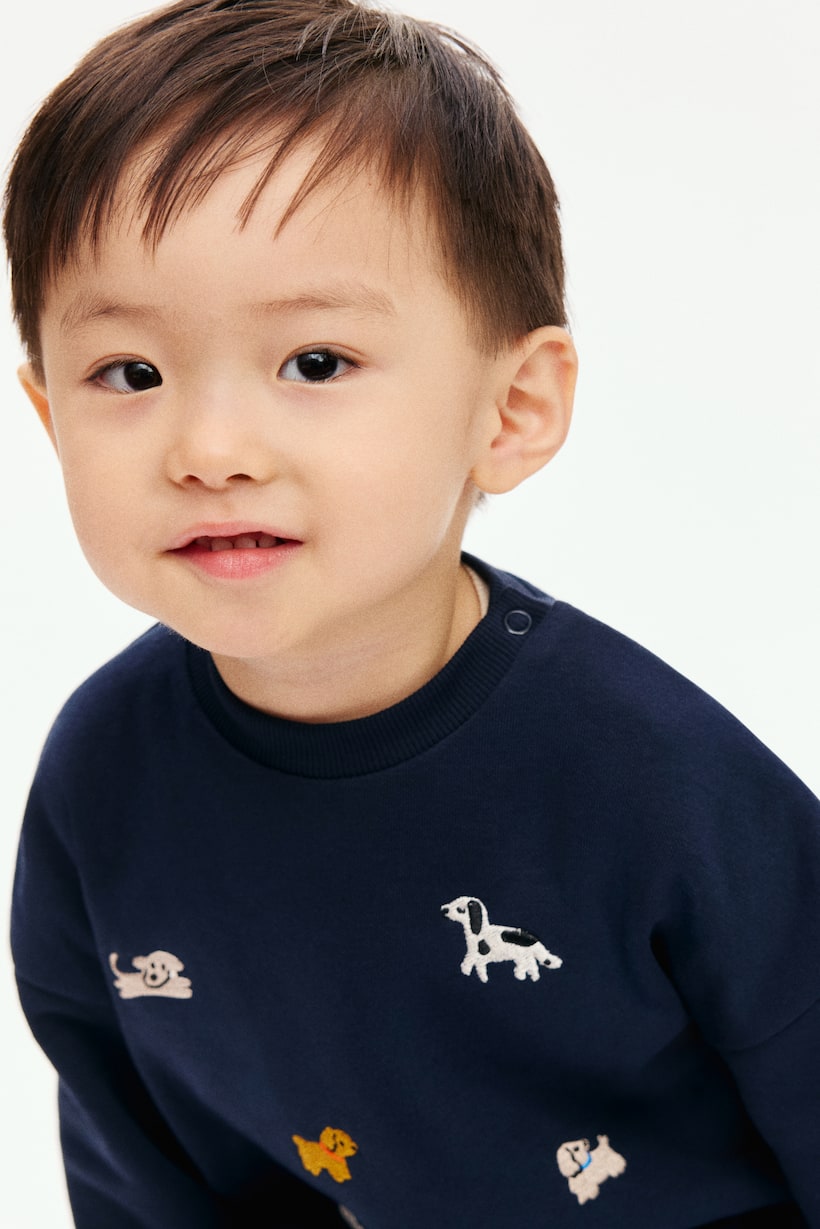 Motif-Detail Brushed-Inside Sweatshirt - Navy blue/dogs - Kids | H&M US