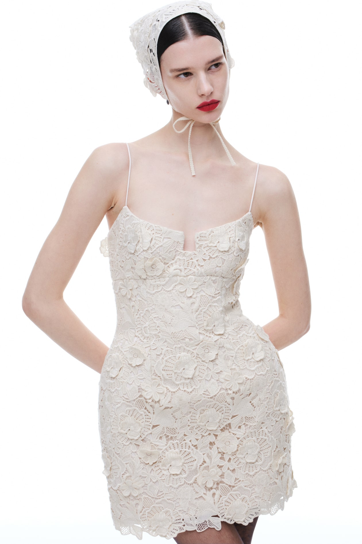 Floral Appliqué Hourglass Lace Dress - Cream/Flowers - Ladies | H&M AU
