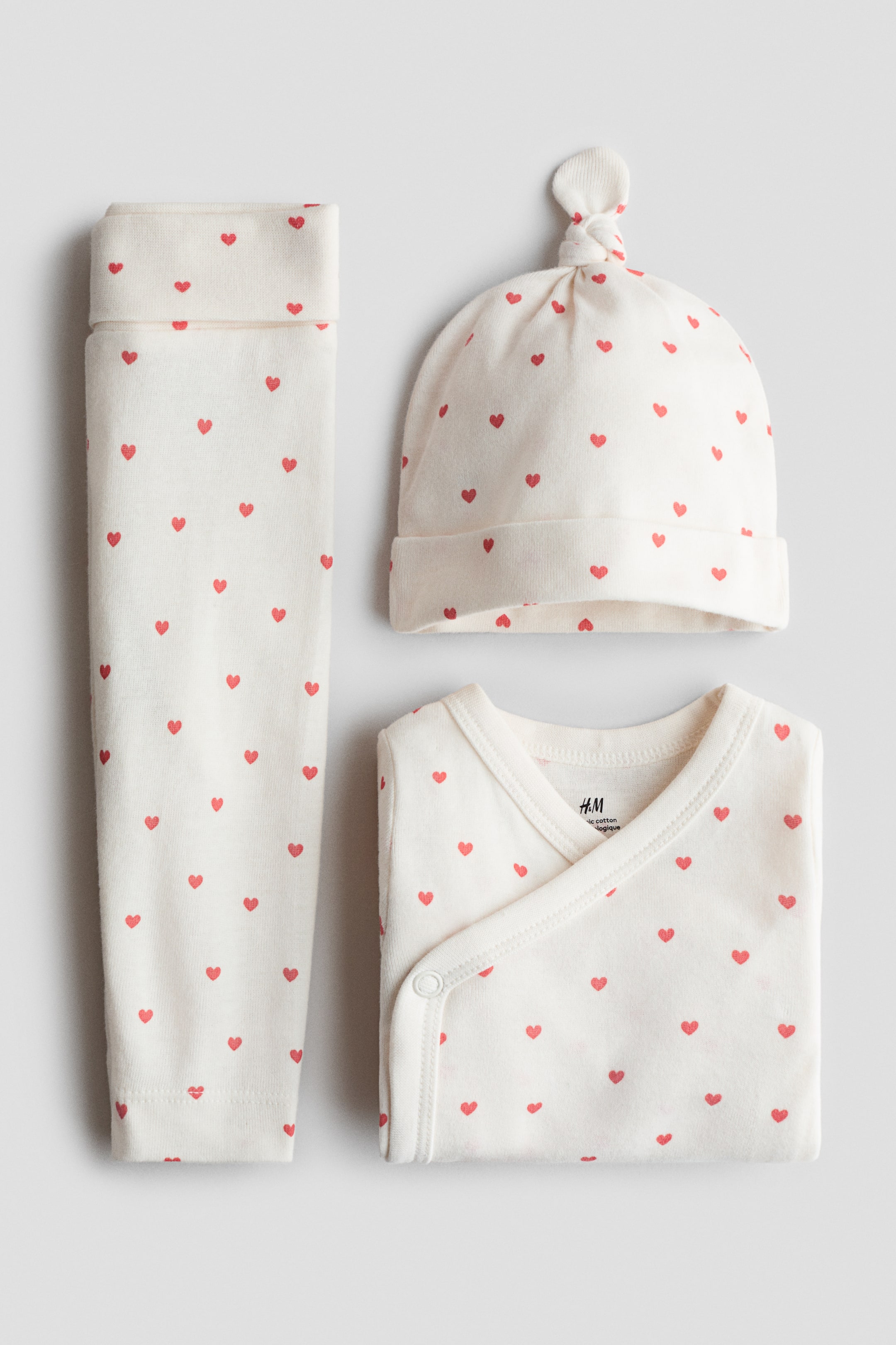 Ensemble imprimé 3 pièces en coton - Beige clair/cœurs - ENFANT | H&M BE