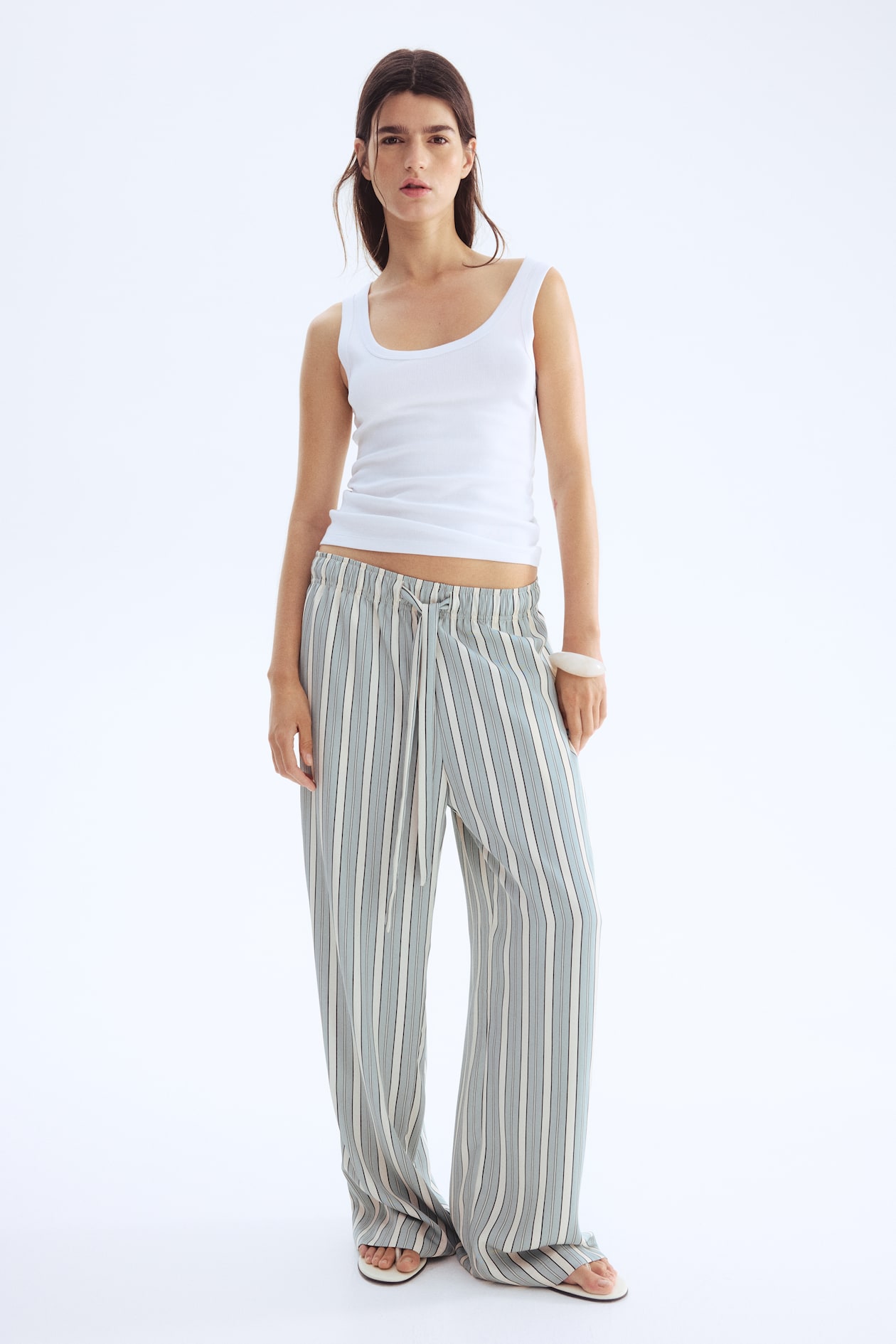 - Drawstring Twill Pants - Light turquoise/striped - Ladies | H&M US