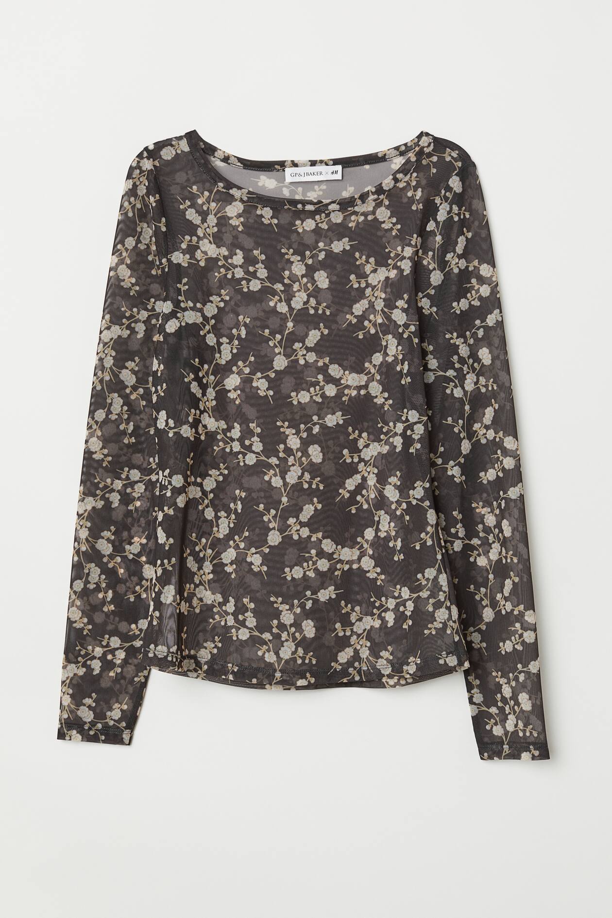 Patterned mesh top - Long sleeve - Black/Floral - Ladies | H&M GB