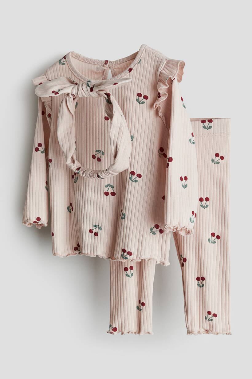 3-piece Ribbed Set - Dusty pink/cherries - Kids | H&M US
