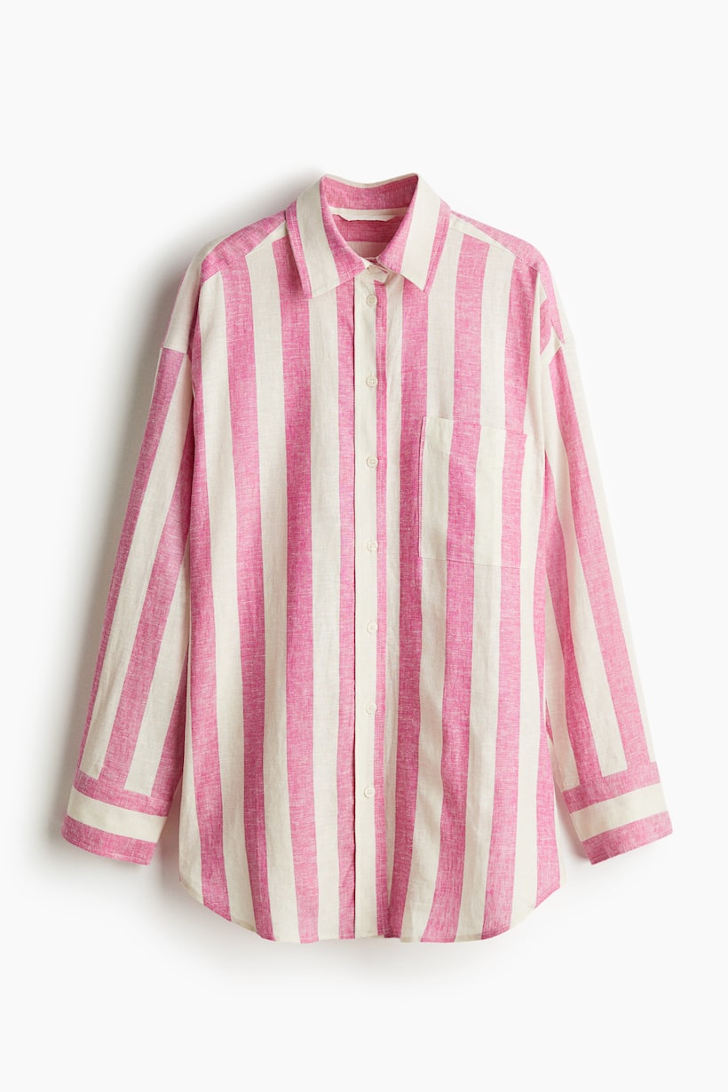 Women's Pink/striped Oversized Linen-Blend Shirt | H&M CA