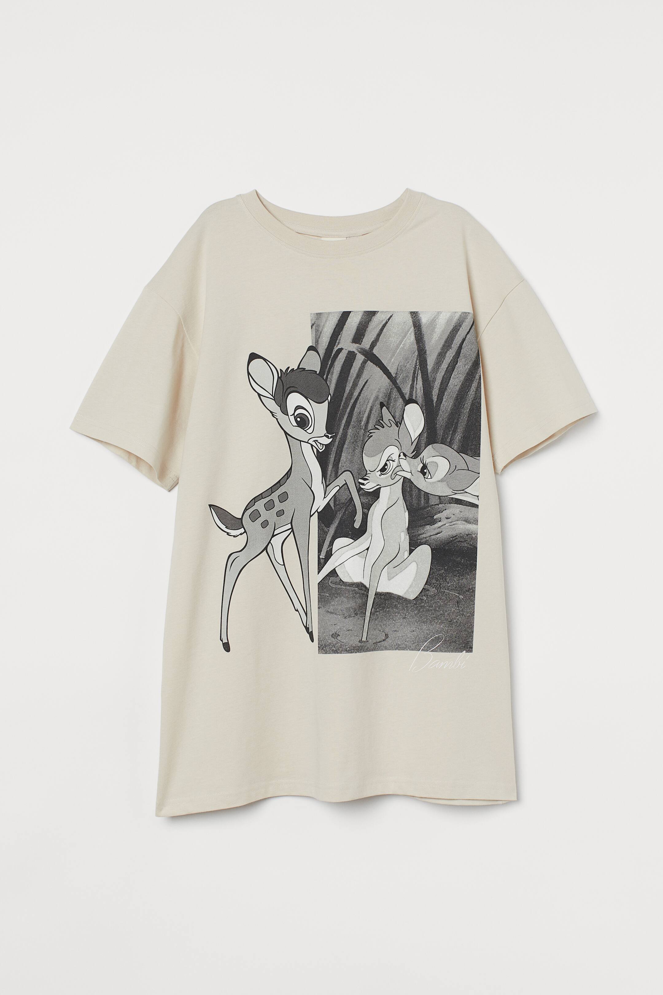 Oversized T-shirt med motiv - Rund hals - Kortærmet - Lys beige/Bambi ...