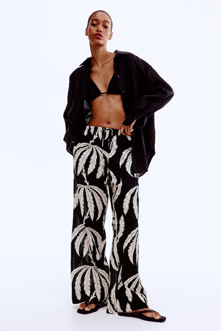 Cotton drawstring trousers - Black/Palm trees - Ladies | H&M IN