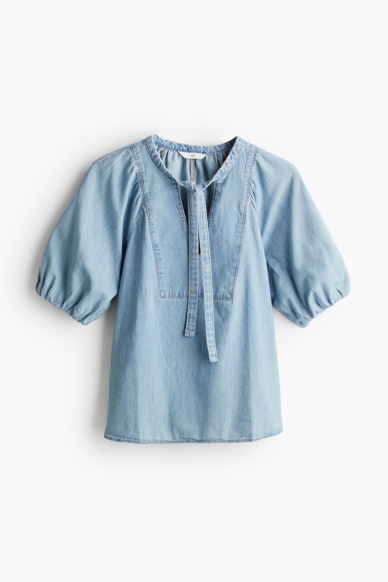 Women's Light denim blue Tie-neck Denim Blouse | H&M CA