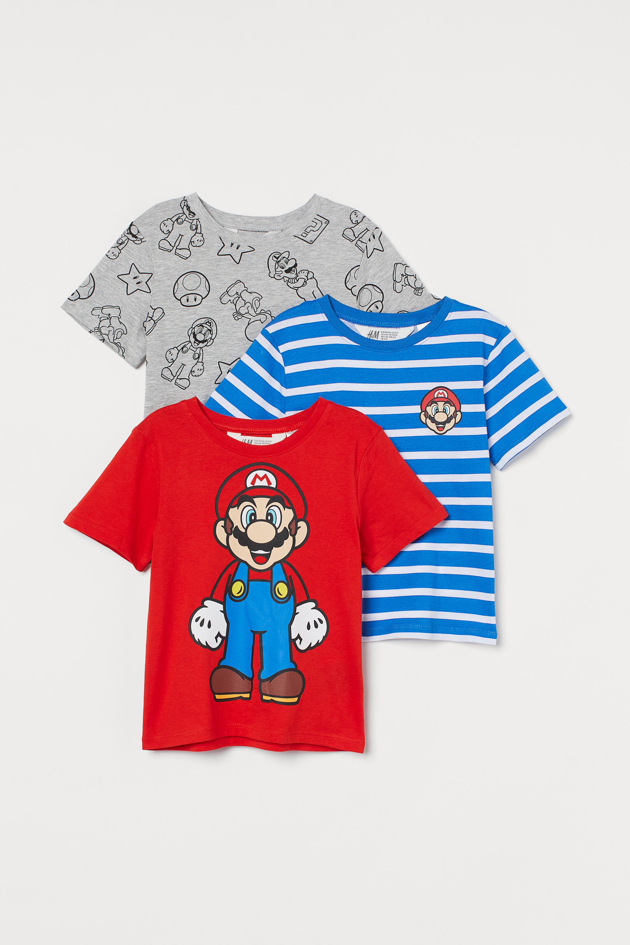 3-pack T-shirt med trykk - Rundhalset - Kort erme - Klarblå/Super Mario ...