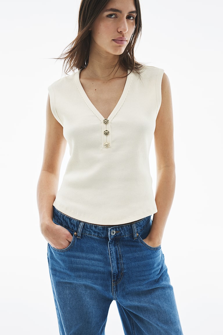 Ribbed button-front vest top - Cream - Ladies | H&M GB