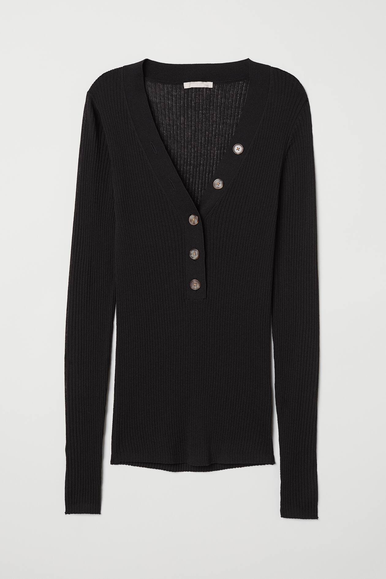 Ribbed top - V-neck - Long sleeve - Black - Ladies | H&M GB