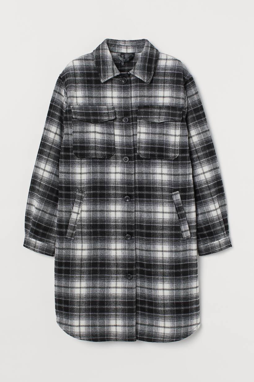 Long shacket - Long sleeve - Black/Checked - Ladies | H&M IE