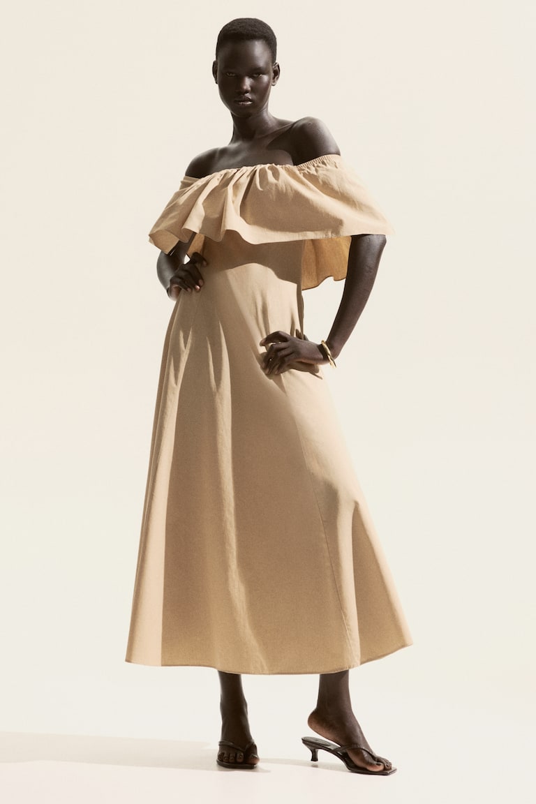 Flounced Off-the-Shoulder Dress - Beige - Ladies | H&M US