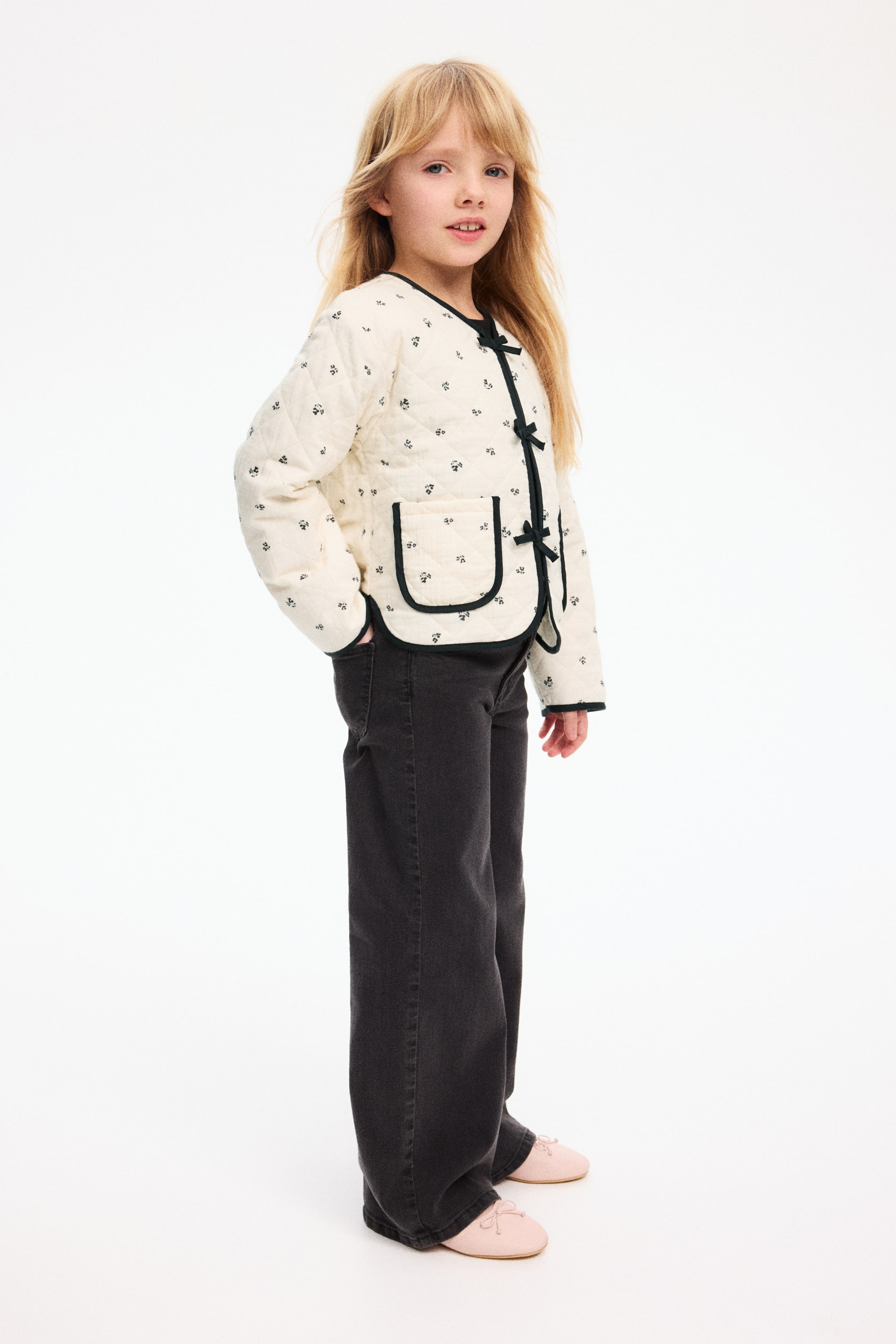 Cream/floral Printed quilted jacket for kids | H&M CA