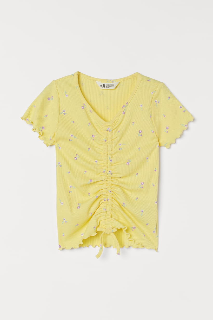 Ribbed Drawstring Top - Yellow/floral - Kids | H&M CA