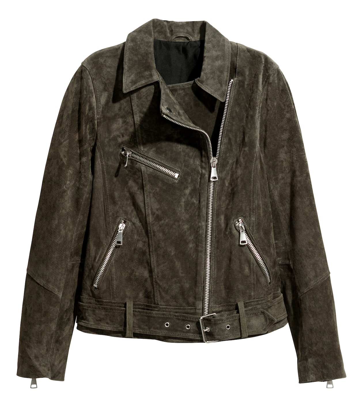 Suede biker jacket - Long sleeve - Dark khaki green - Ladies | H&M GB