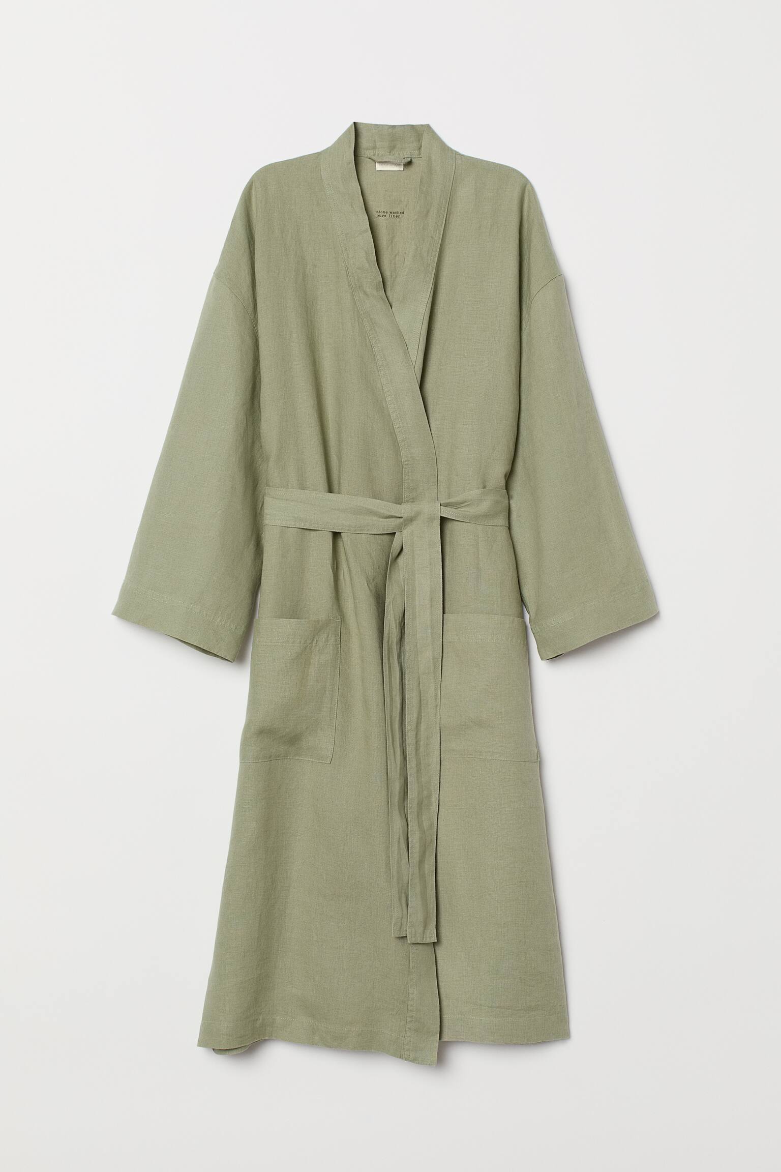 Washed linen dressing gown - Long sleeve - Dusky green - Home All | H&M GB