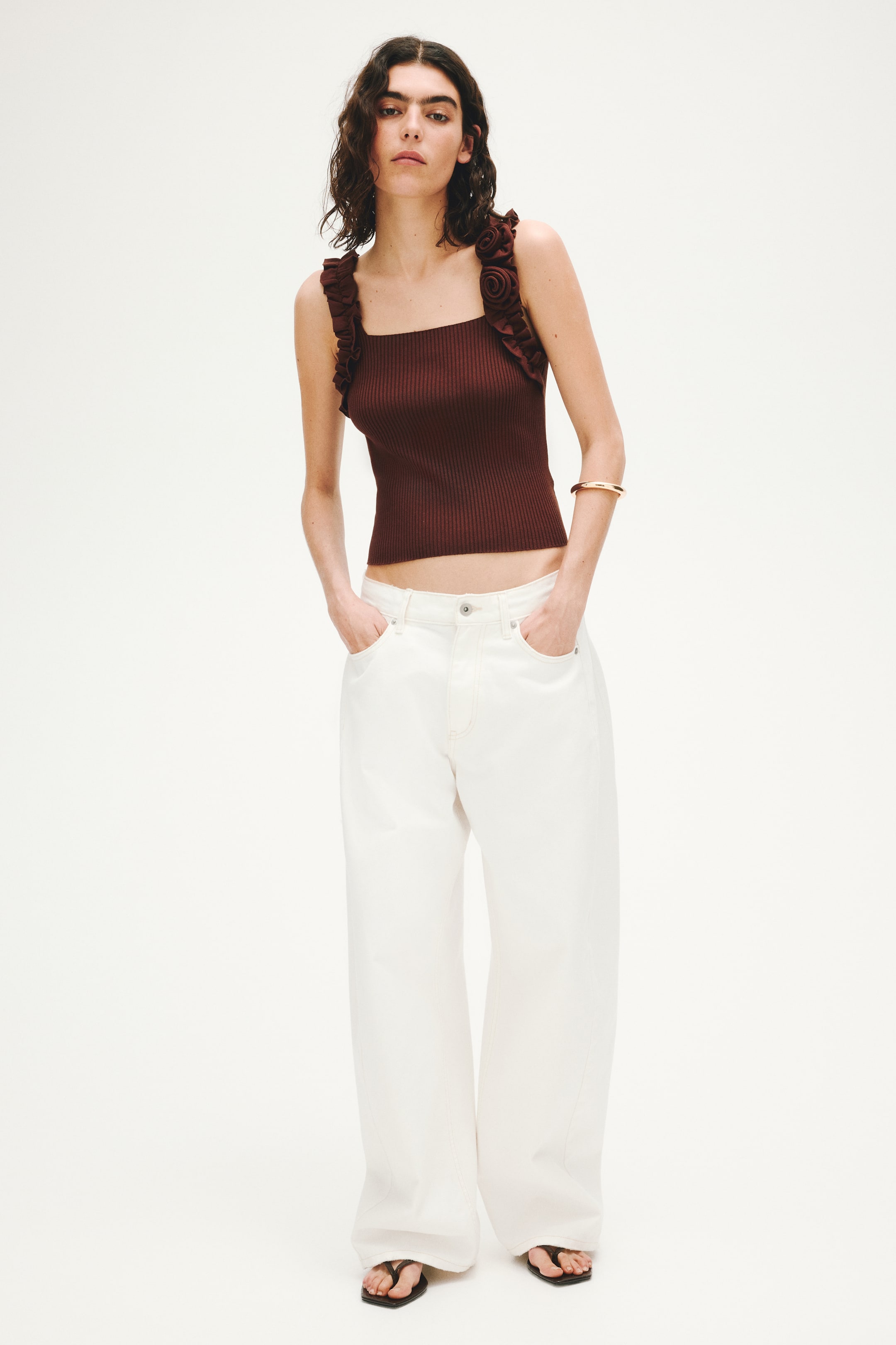 Women's Rust brown Rose-appliquéd rib-knit top | H&M GB
