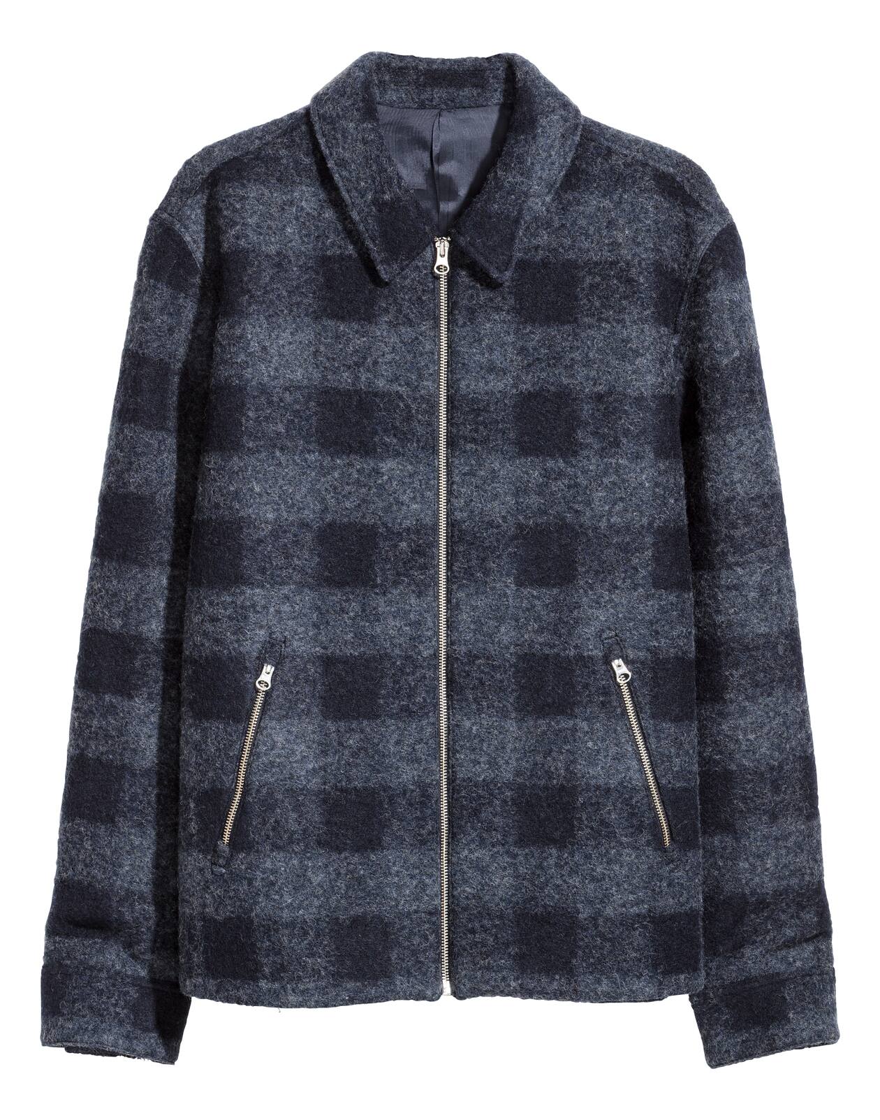 Short wool-blend jacket - Long sleeve - Dark blue/Blue checked - Men ...