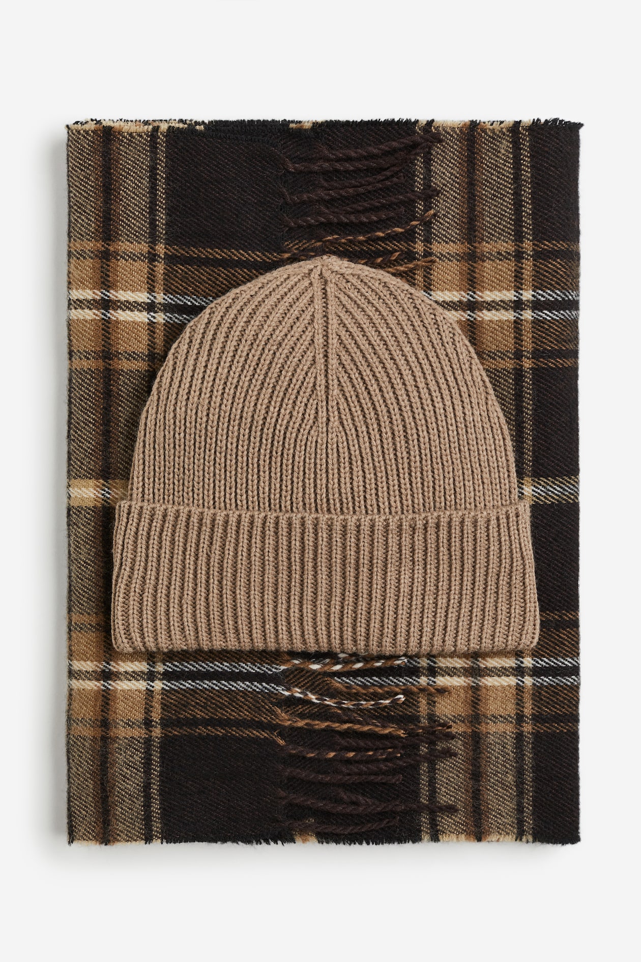 2-teiliges Set mit Mütze und Schlauchschal - Dunkelbeige/Kariert - Men ...