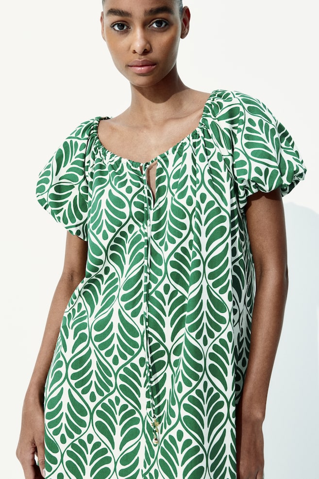 Drawstring-Neck Dress - White/green patterned - Ladies | H&M US