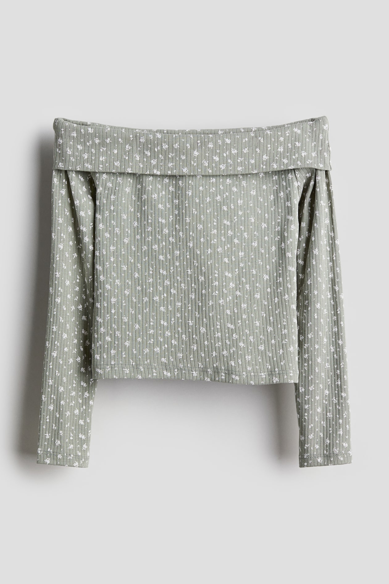 Light khaki green/floral Ribbed Off-the-shoulder Top for kids | H&M PH