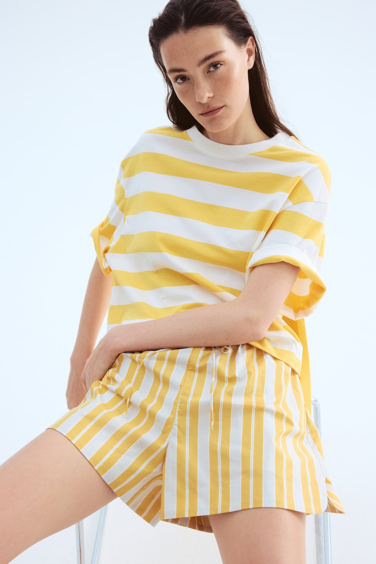Cotton Shorts with Drawstring - Yellow/striped - Ladies | H&M US
